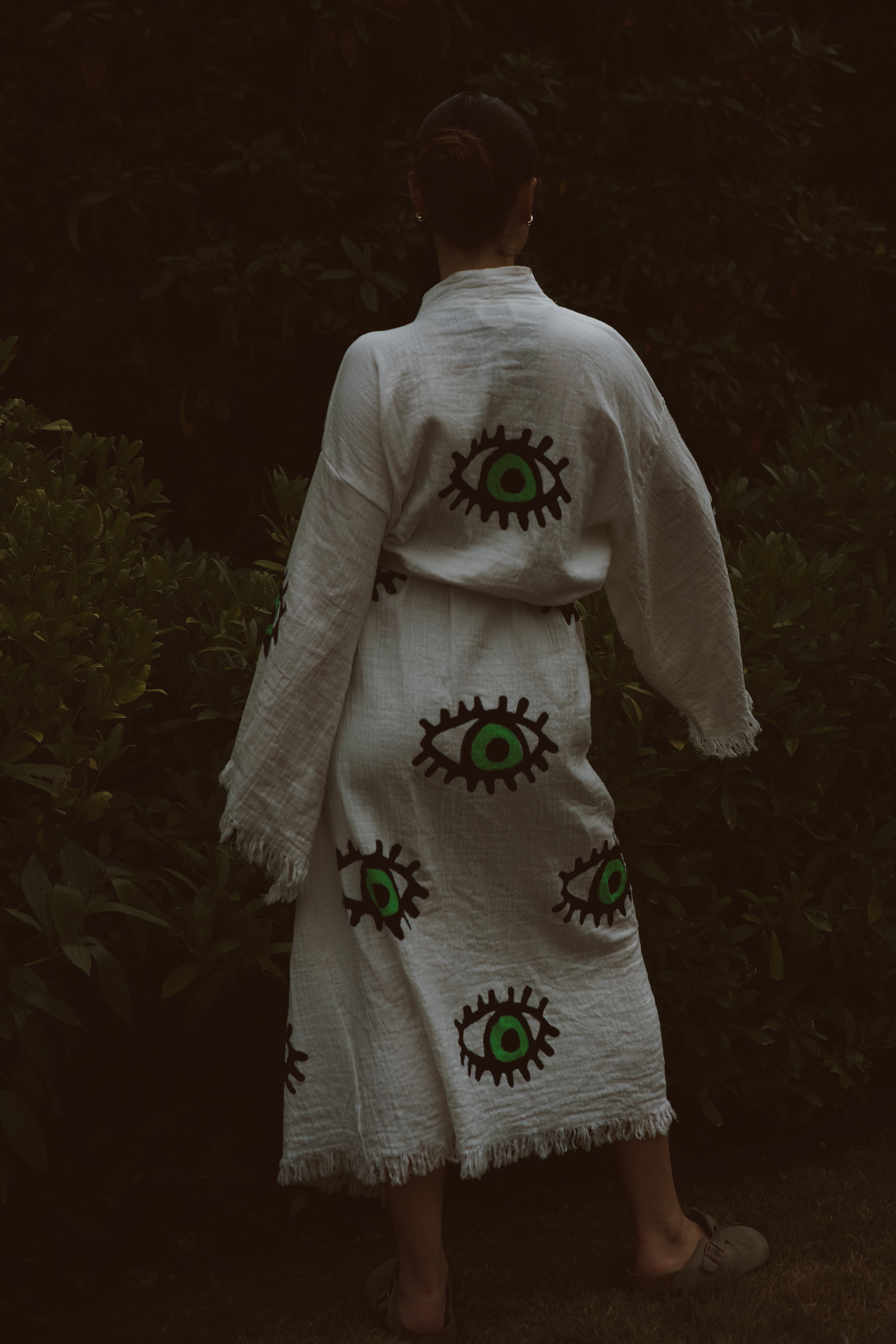 Long Cotton Robe: White with Green Eye – Loome Lifestyle