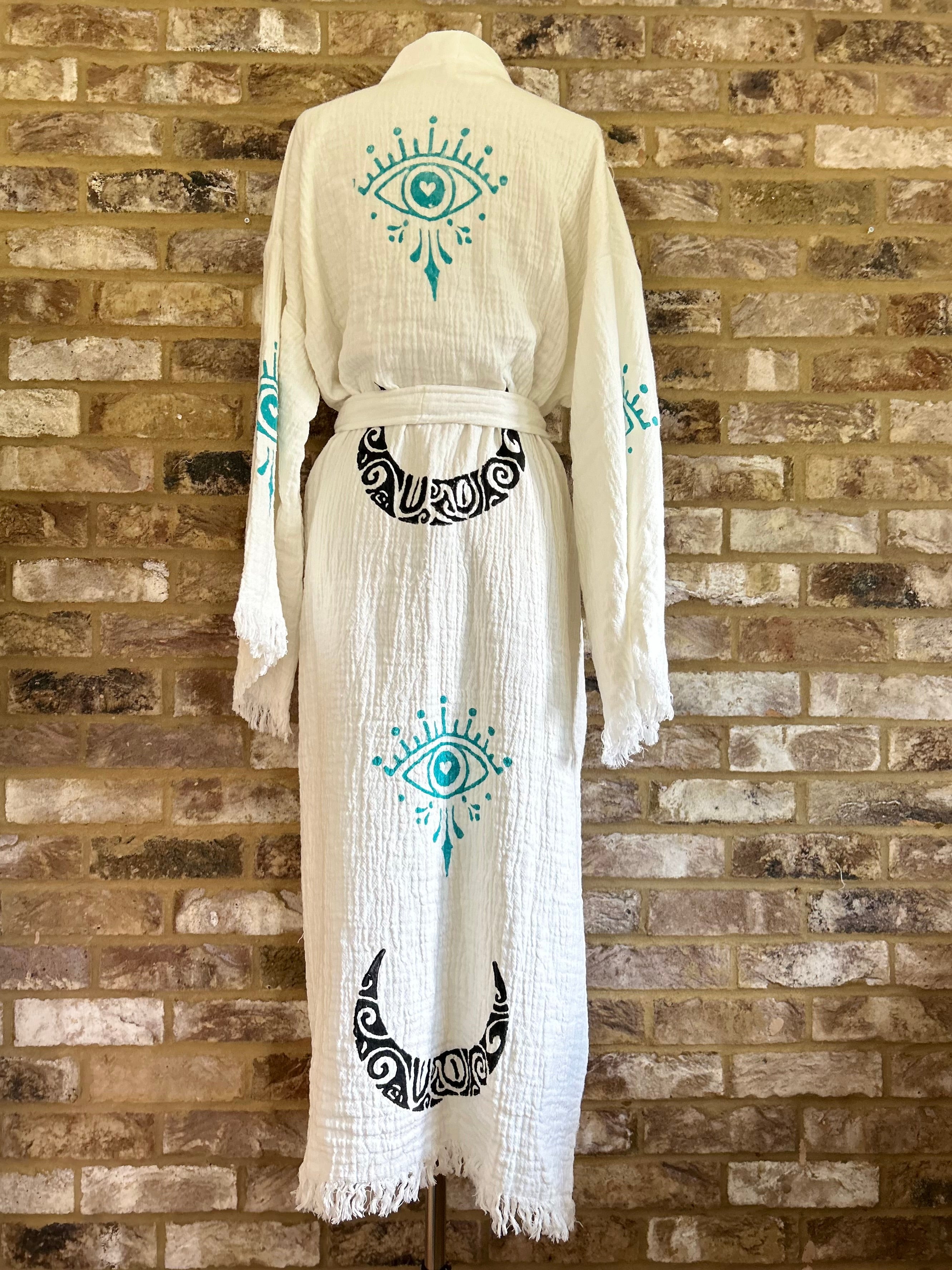 Cream & Black Sun Print Kimono Robe in 100% Organic Cotton | Handmade ...